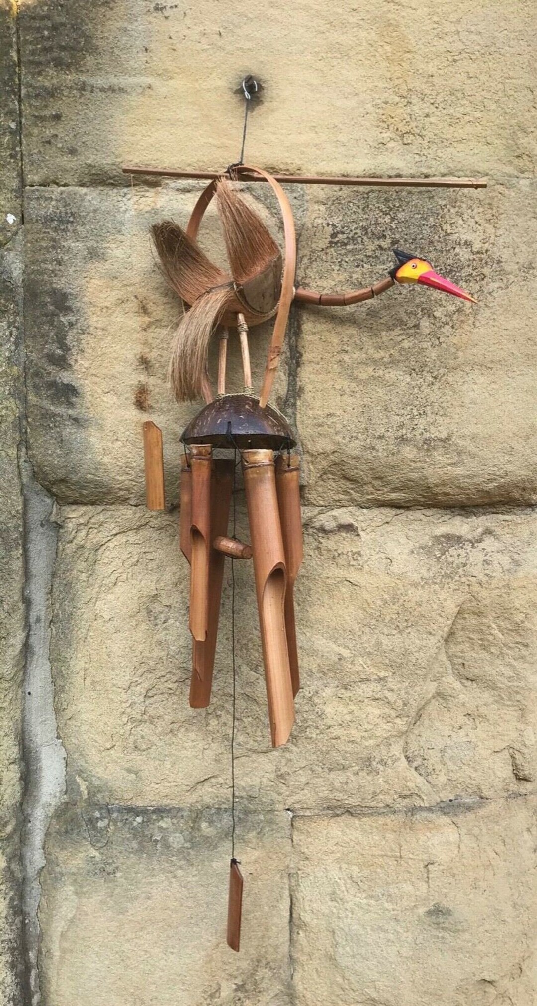 Handmade Wooden Bamboo Coconut Nodding Bird Wind Chime Garden Mobile ...