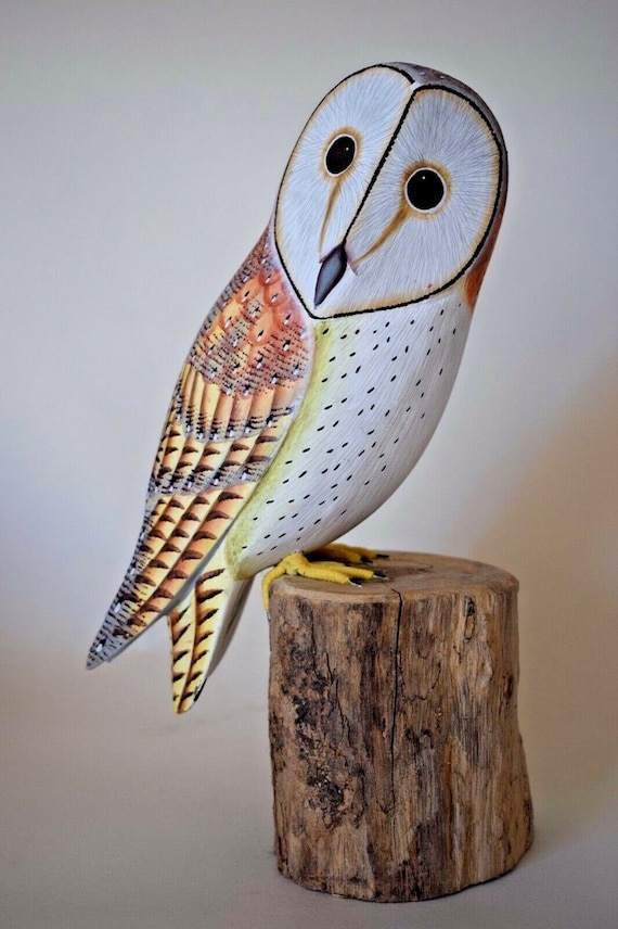 Hand Carved and Painted Wooden Barn Owl Statue Ornament Gift | Etsy