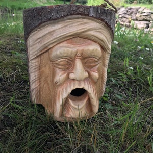 Hand Carved Wooden Birdhouse Forest Man Bird Box Tree Bark Natural ...