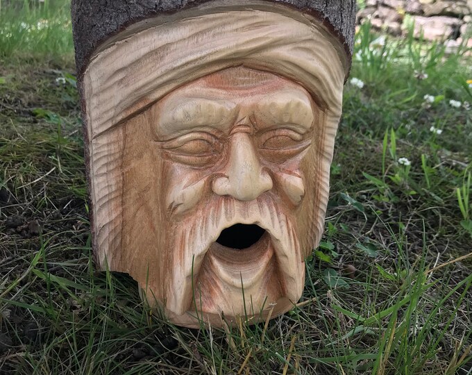 Hand Carved Wooden Birdhouse Forest Man Bird Box Tree Bark Natural ...