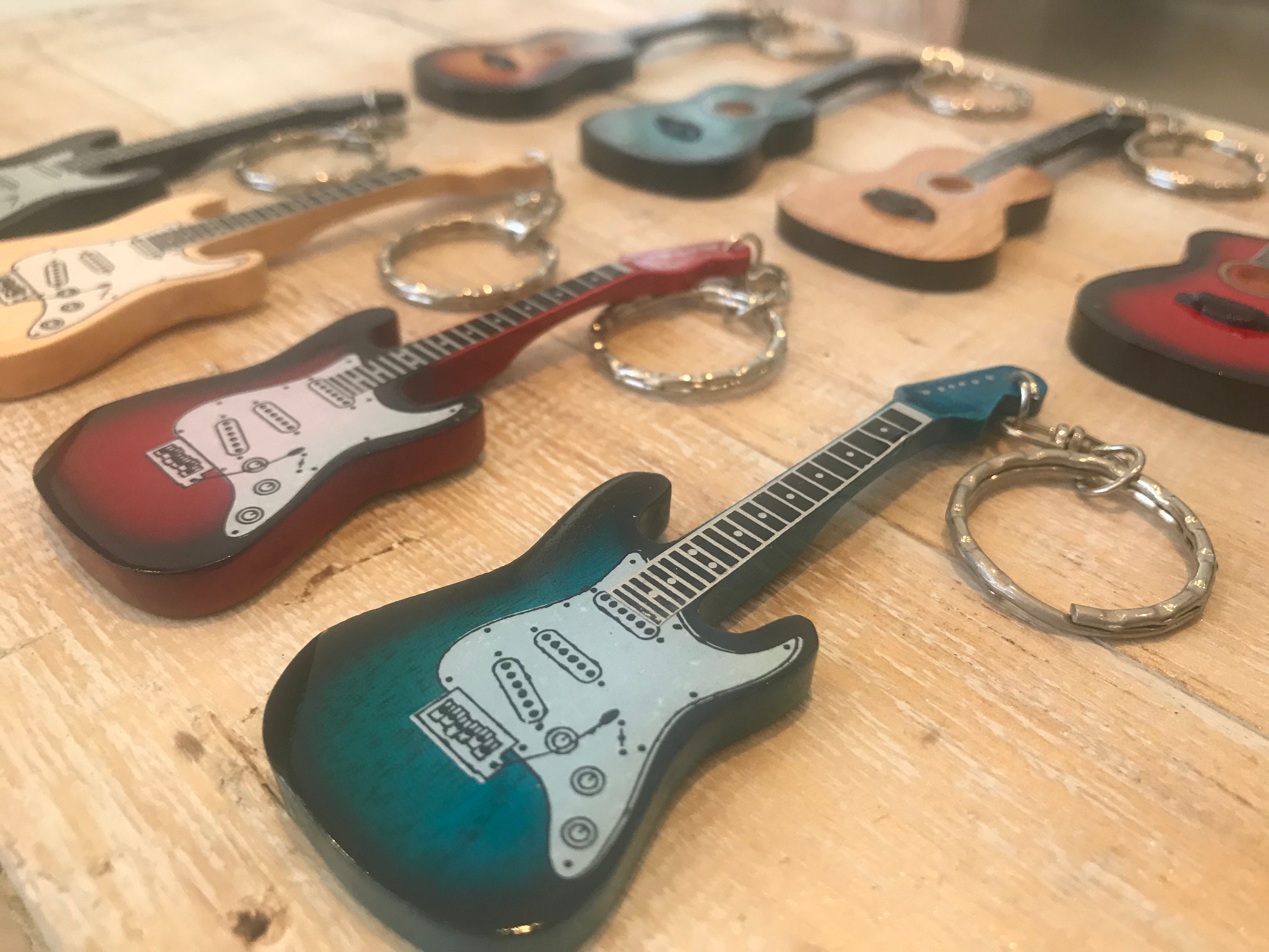 Acoustic Electric Mini Guitar Key Ring 10cm Designs Wooden Handmade ...