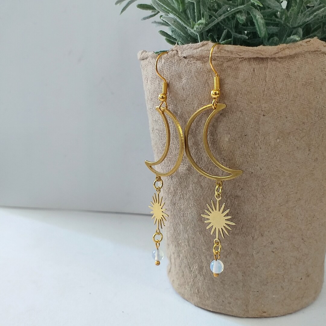 Women's Opal Stone Moon Earrings | Boho Romantic Long Earrings for Her | Sun and Moon Tarot ...