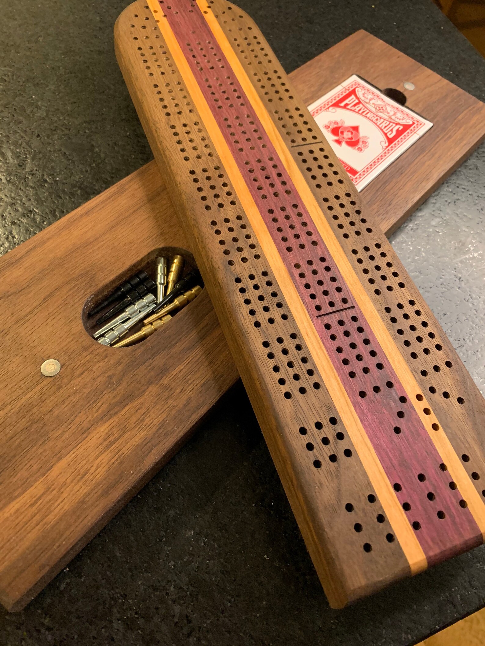 Cribbage Board With Card And Peg Storage Purpleheart Etsy Cribbage Board With Card And Peg Storage Purpleheart Etsy