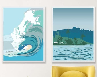 Hawaii Surfers Big Wave Abstract Surf Giclee Set of Two Wall | Etsy