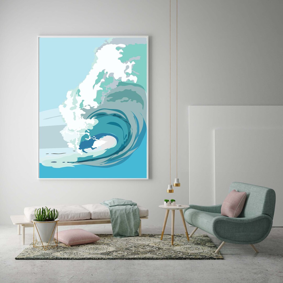 Abstract Big Blue Wave, Nordic Minimalist Wall Art, Modern Surfing ...