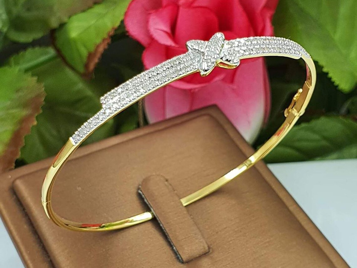 9K Gold Diamond Bangle Bow Yellow Gold Women Open Diamond - Etsy