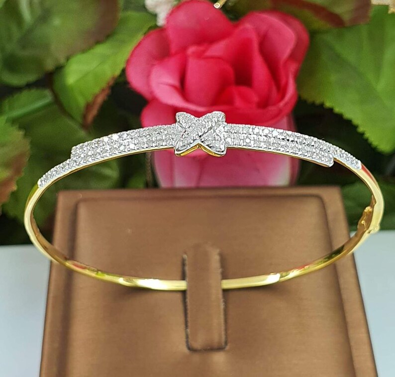 9K Gold Diamond Bangle Bow Yellow Gold Women Open Diamond - Etsy