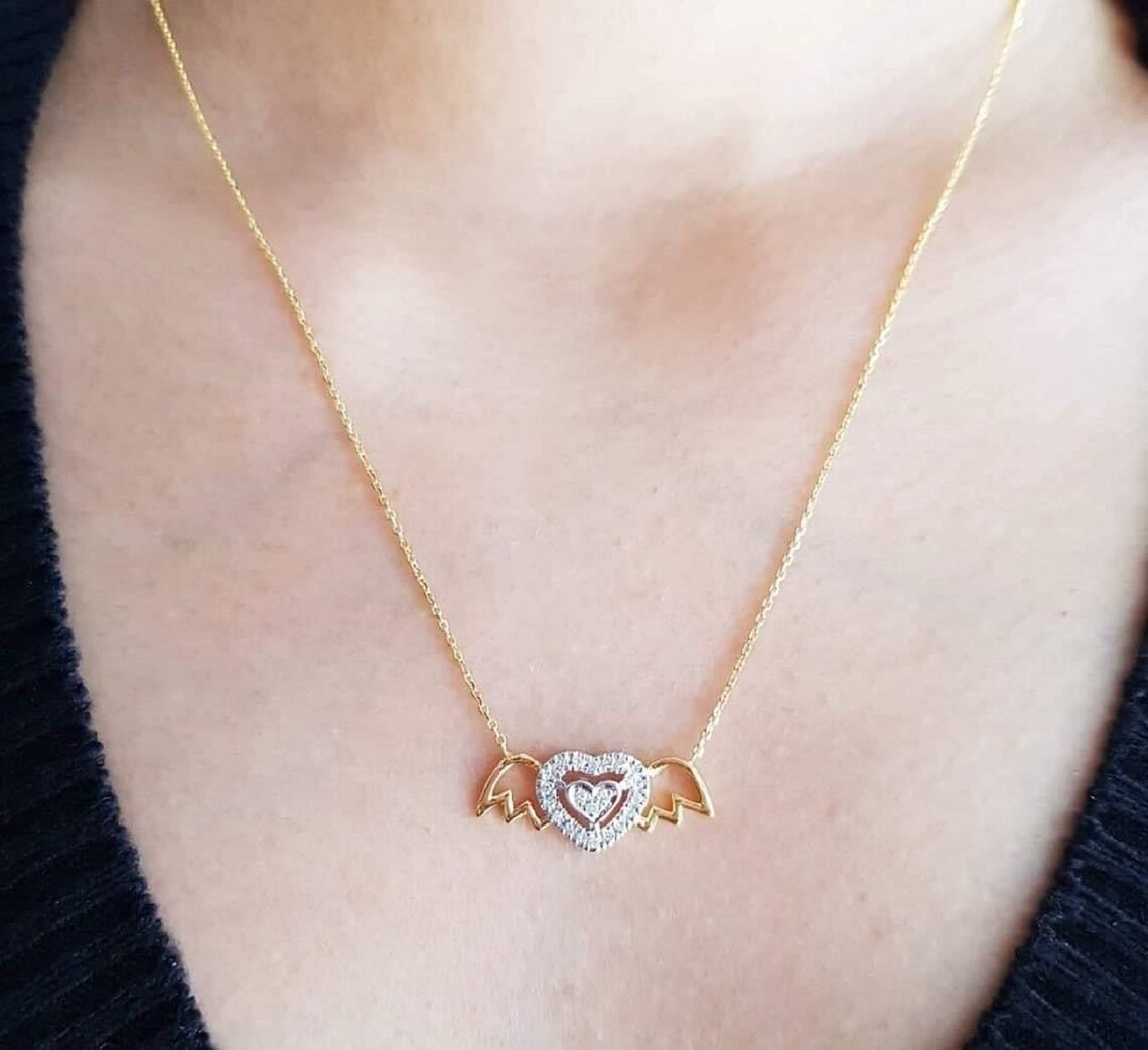 Diamond Necklace Heart Wings Sweet Love for Ladies Gold - Etsy