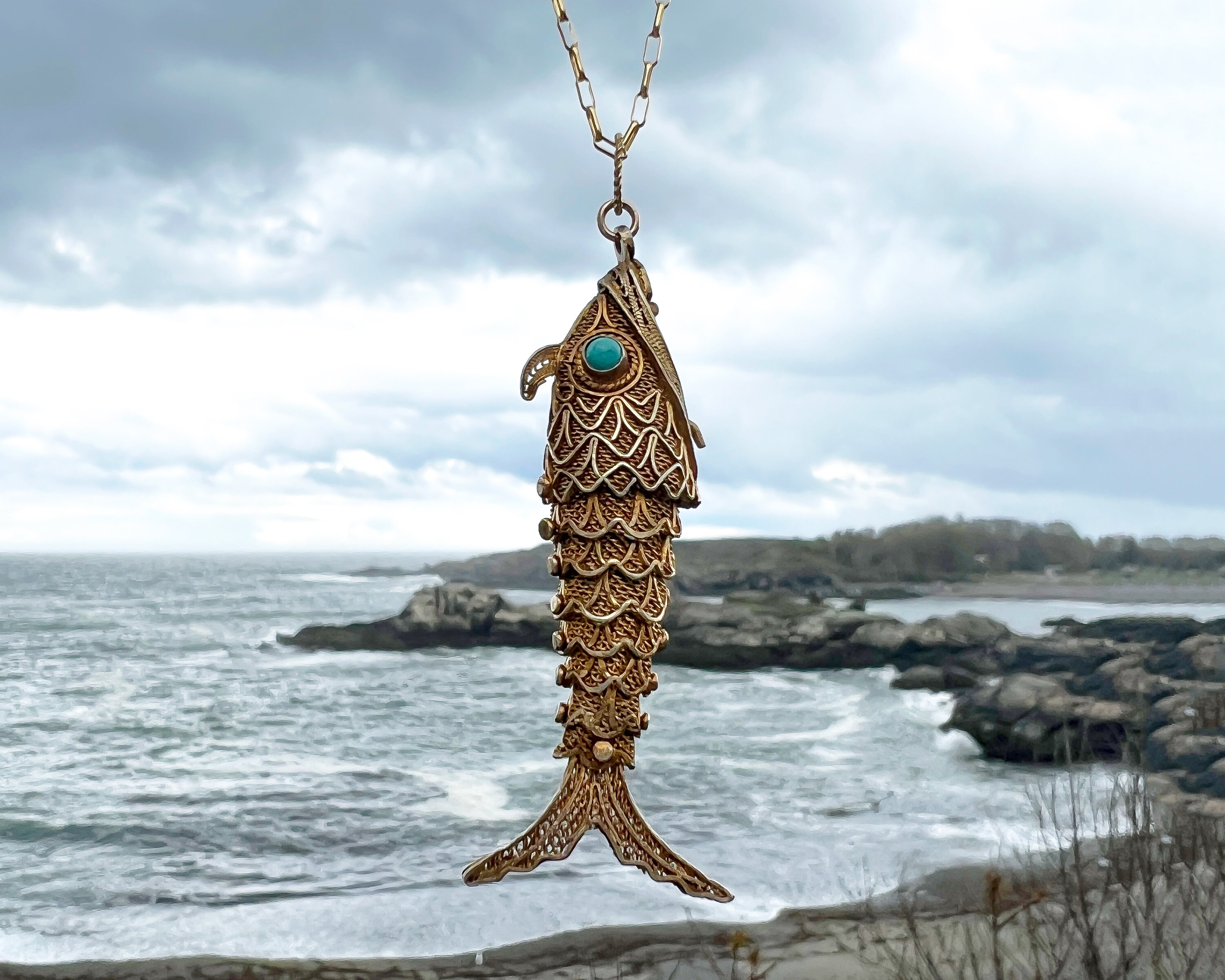 Antique Victorian Art Deco Fish Perfume Locket Pendant Necklace Gold ...