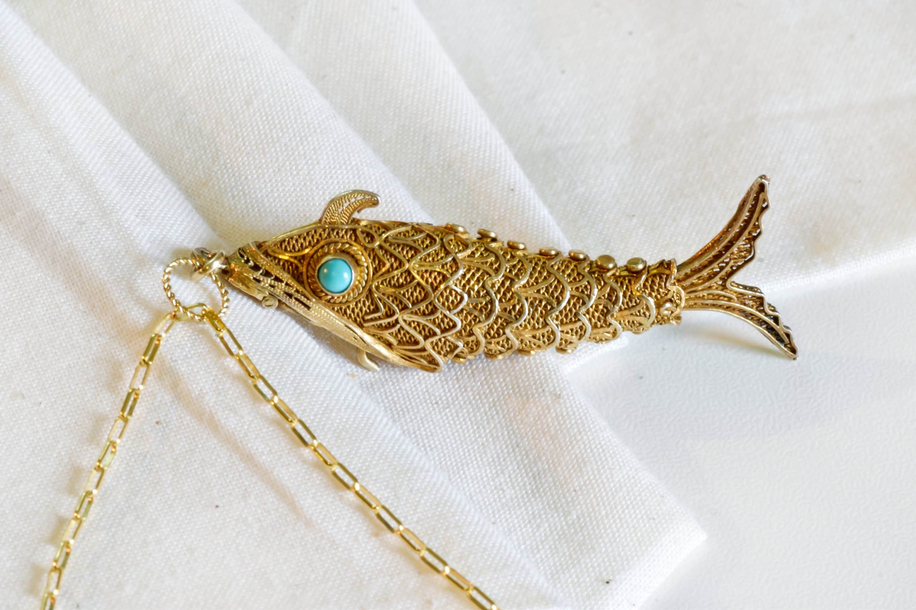 Antique Victorian Art Deco Fish Perfume Locket Pendant Necklace Gold ...