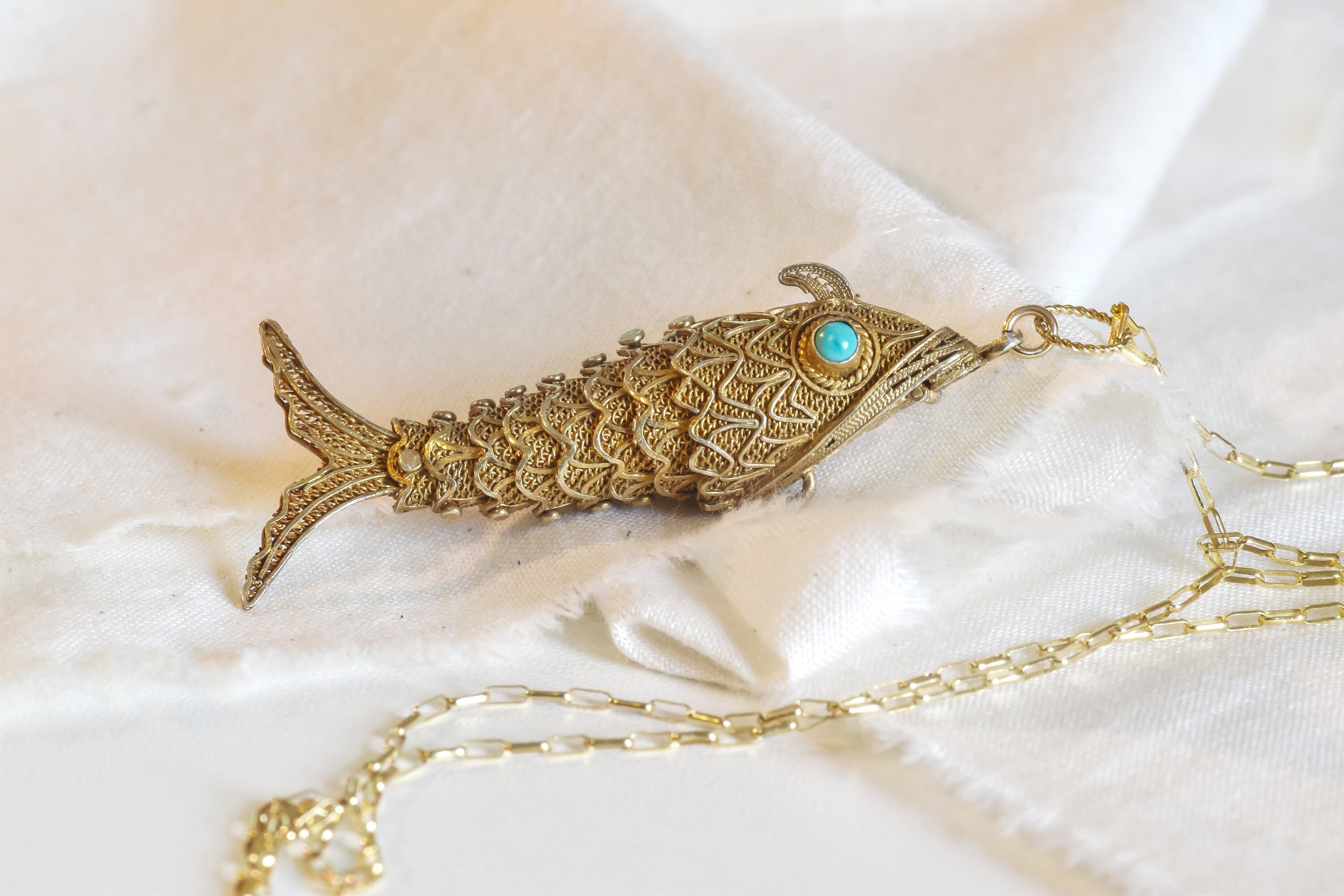 Antique Victorian Art Deco Fish Perfume Locket Pendant Necklace Gold ...