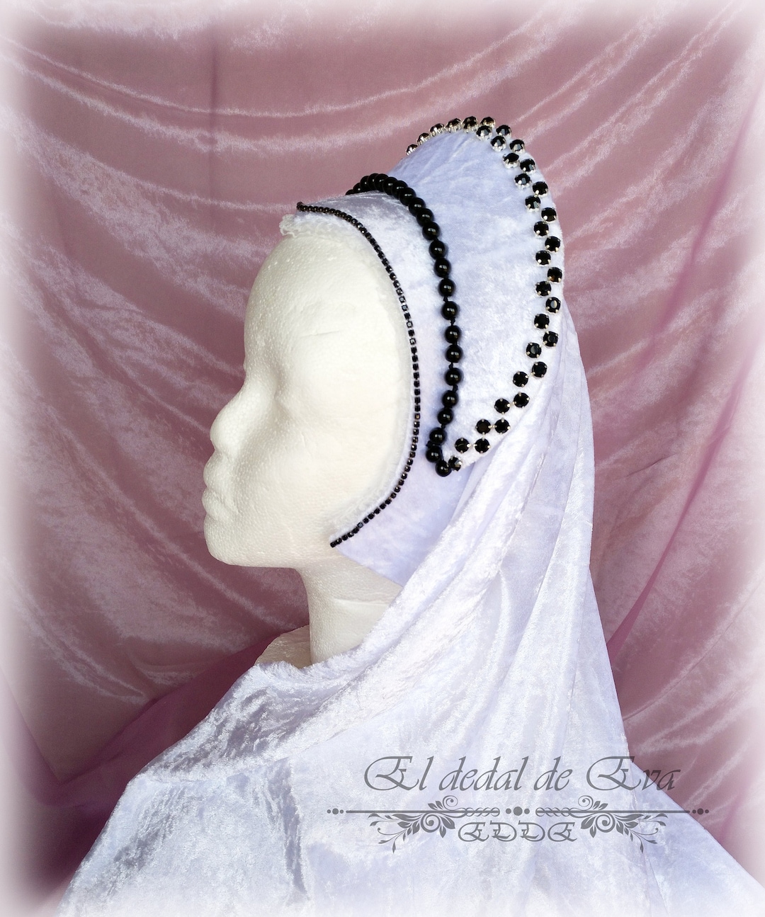White Velvet French Hood With Veil, Adorned With Black Crystals and ...