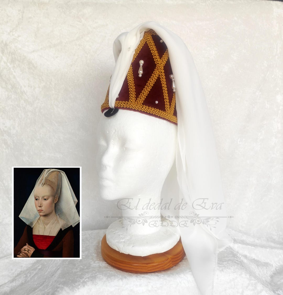 Truncated Burgundy Velvet Hennin Adorned With Gold Braid, Synthetic ...