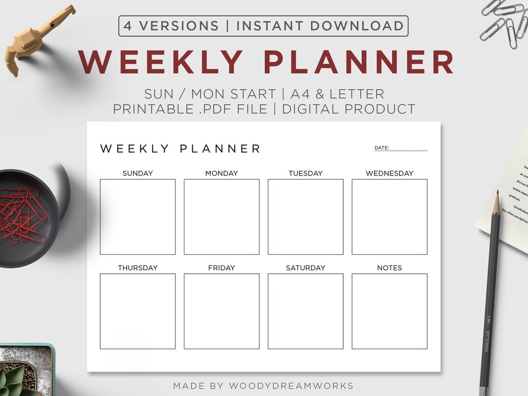 Weekly Planner Printable, Minimalist Weekly Schedule, Week at a Glance ...