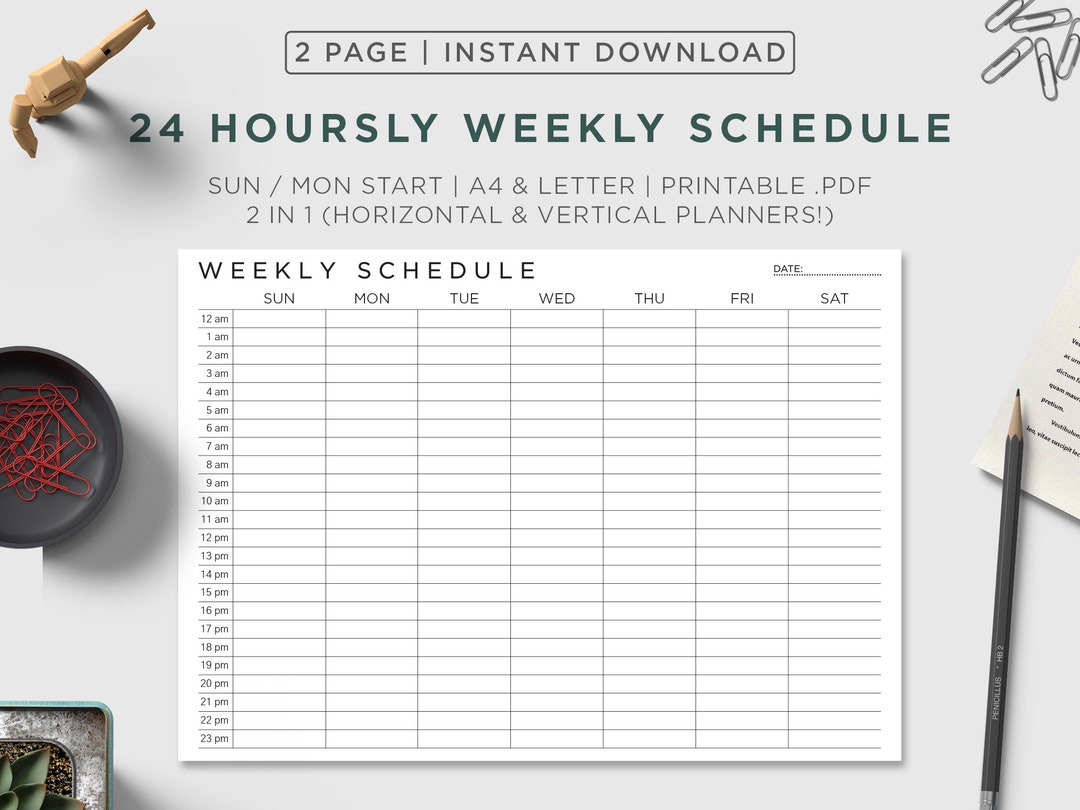 Hourly Weekly Schedule Landscape, Weekly Planner Printable, Week at a ...