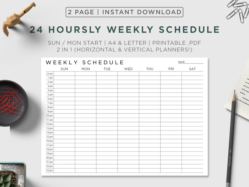 Hourly Weekly Schedule Landscape, Weekly Planner Printable, Week at a ...