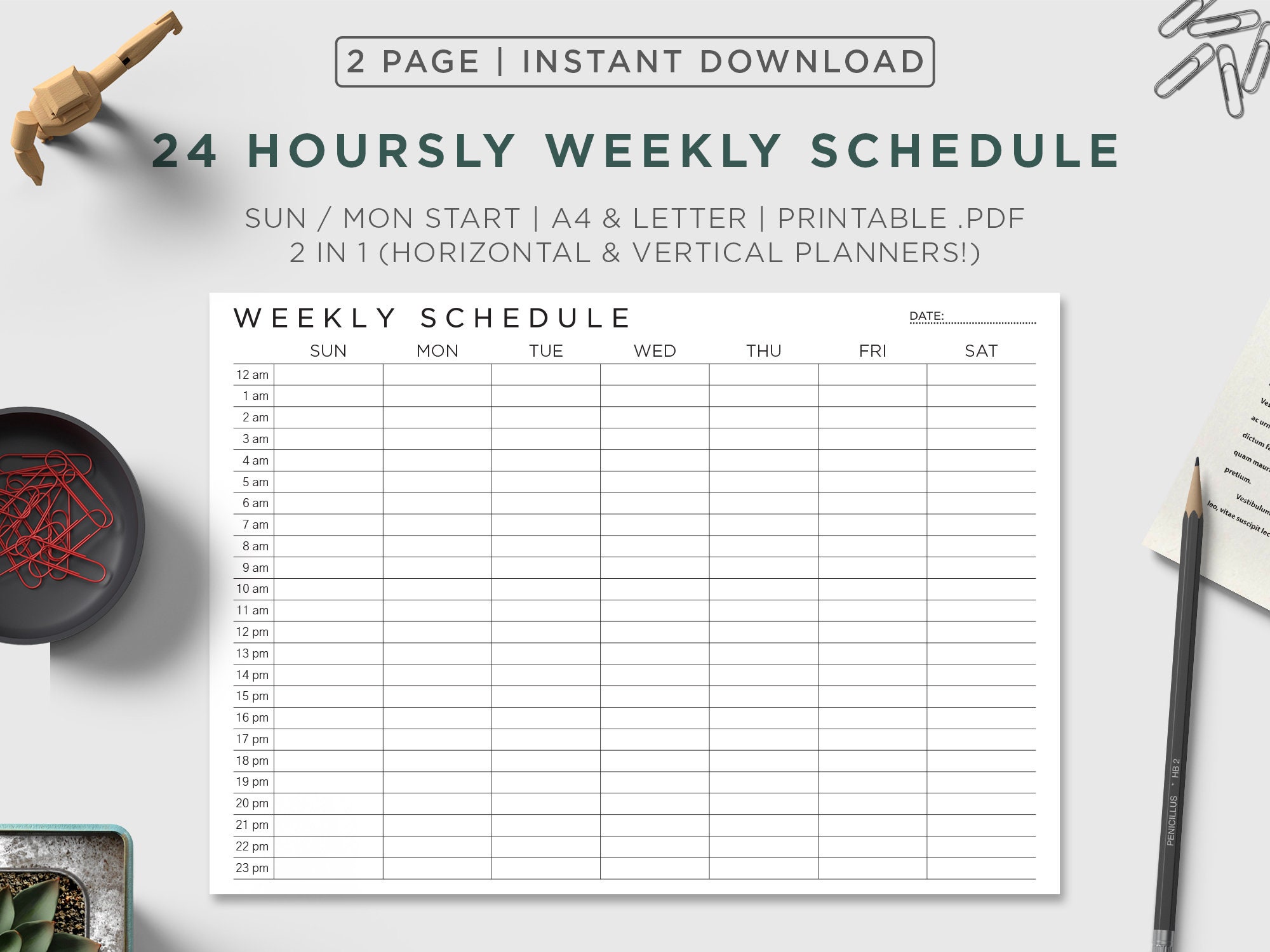Hourly Weekly Schedule Landscape, Weekly Planner Printable, Week at a ...