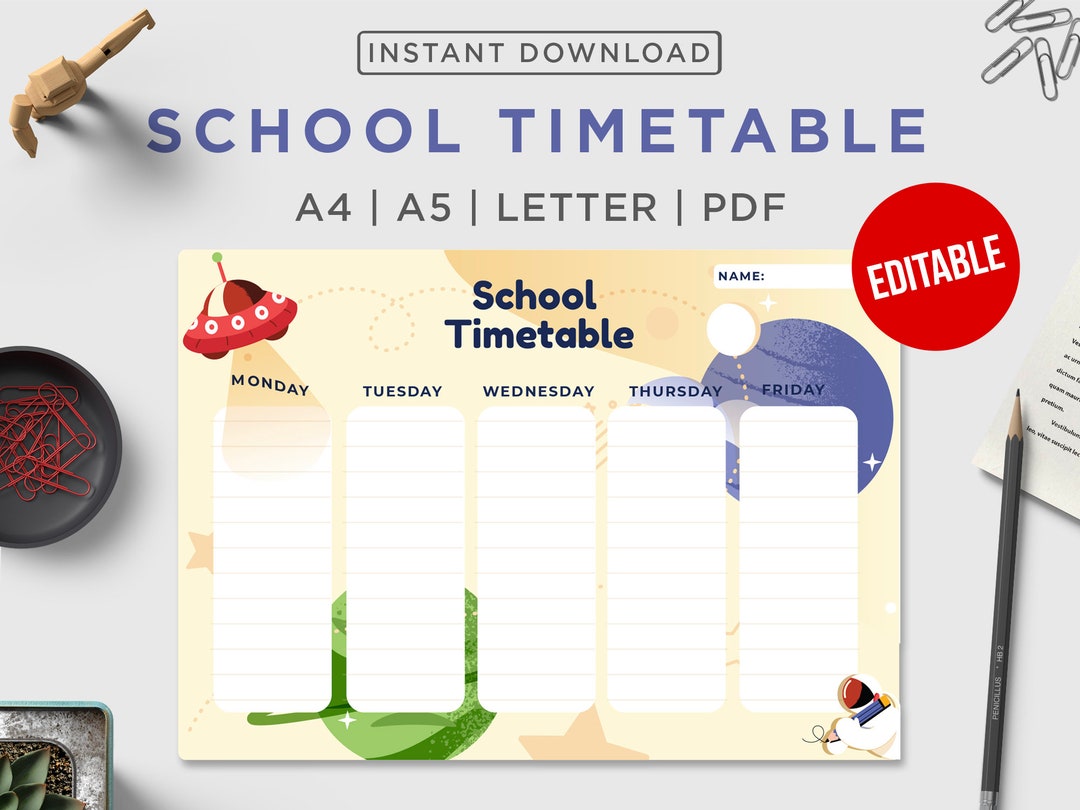 Editable School Schedule for Kids, School Supplies Theme, Printable ...