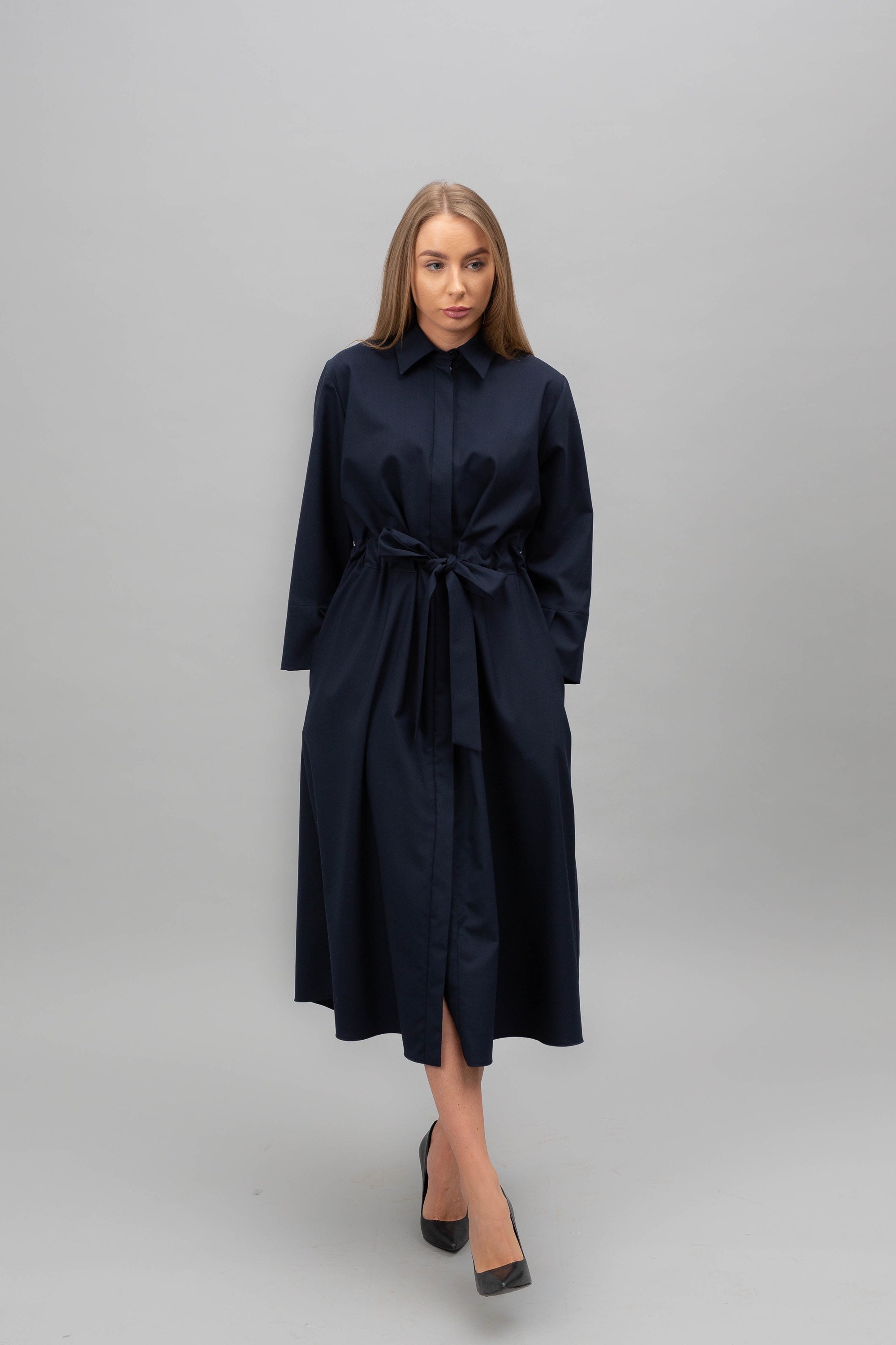 Navy Blue Wool Dress Fit and Flare Dress Collared Dress With - Etsy