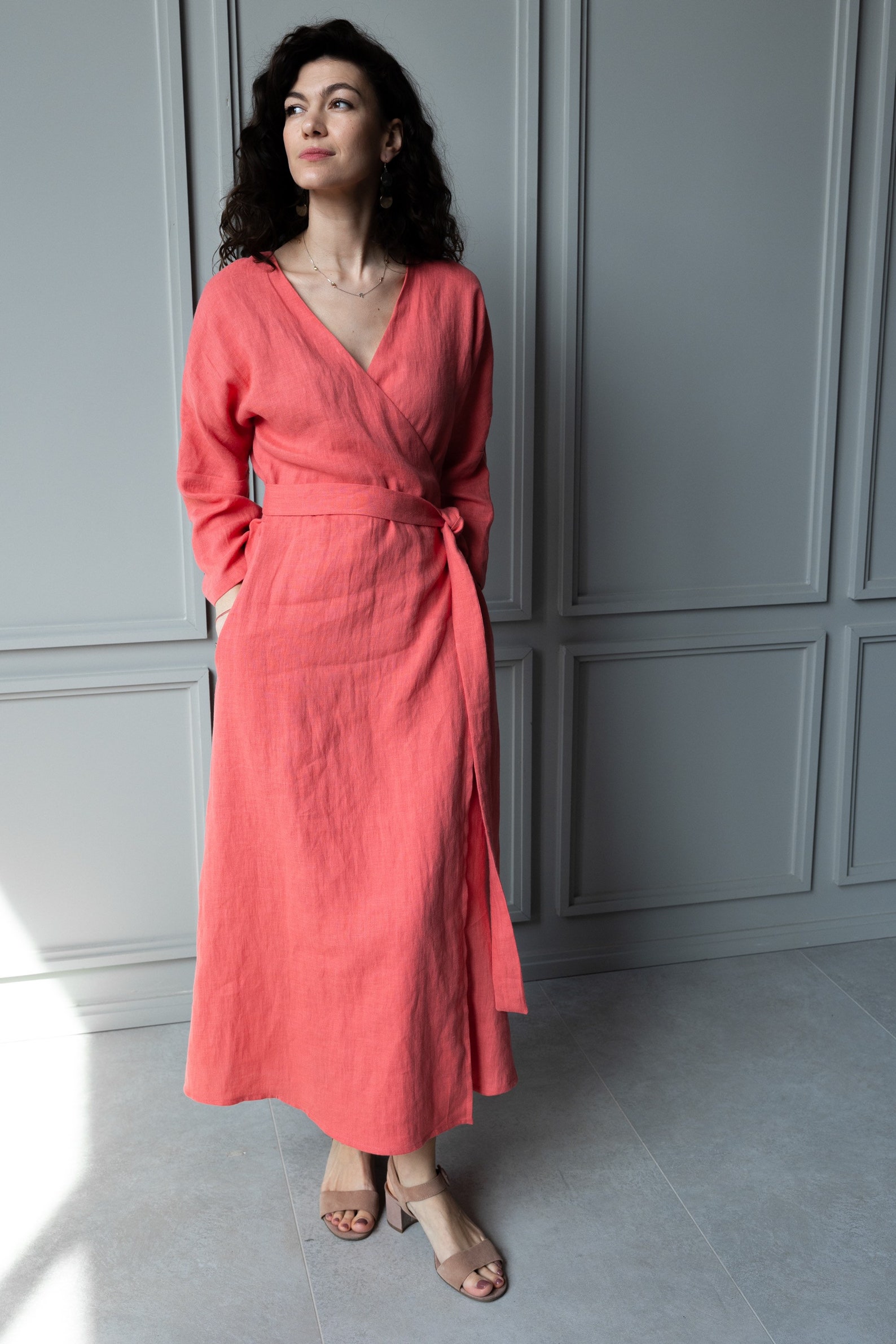Linen Wrap Dress Summer Linen Dress Deep V Linen Dress Long Etsy