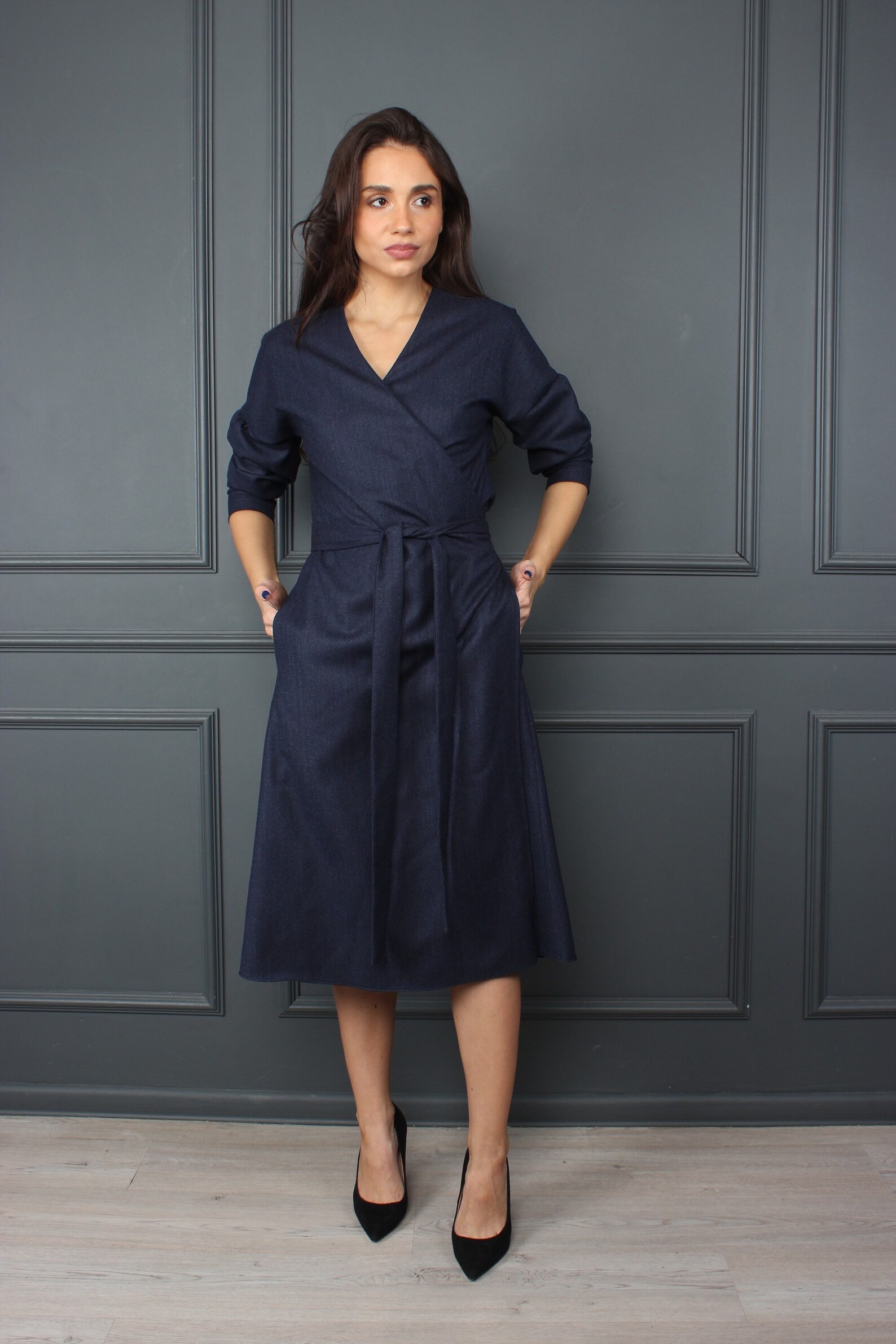 Wrap Blue Wool Dress, Long Puff Sleeve Dress, Midi Kimono Dress, Office ...