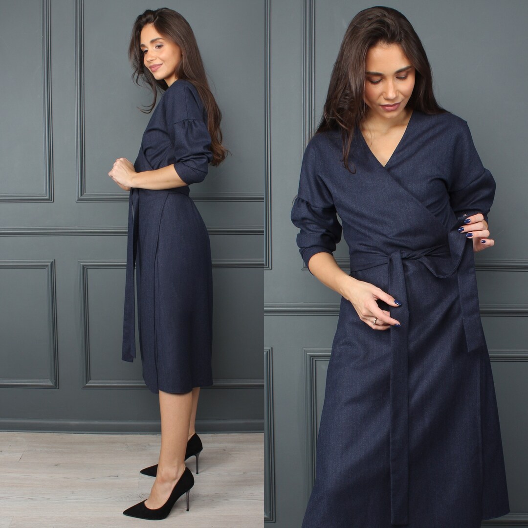 Wrap Blue Wool Dress, Long Puff Sleeve Dress, Midi Kimono Dress, Office ...