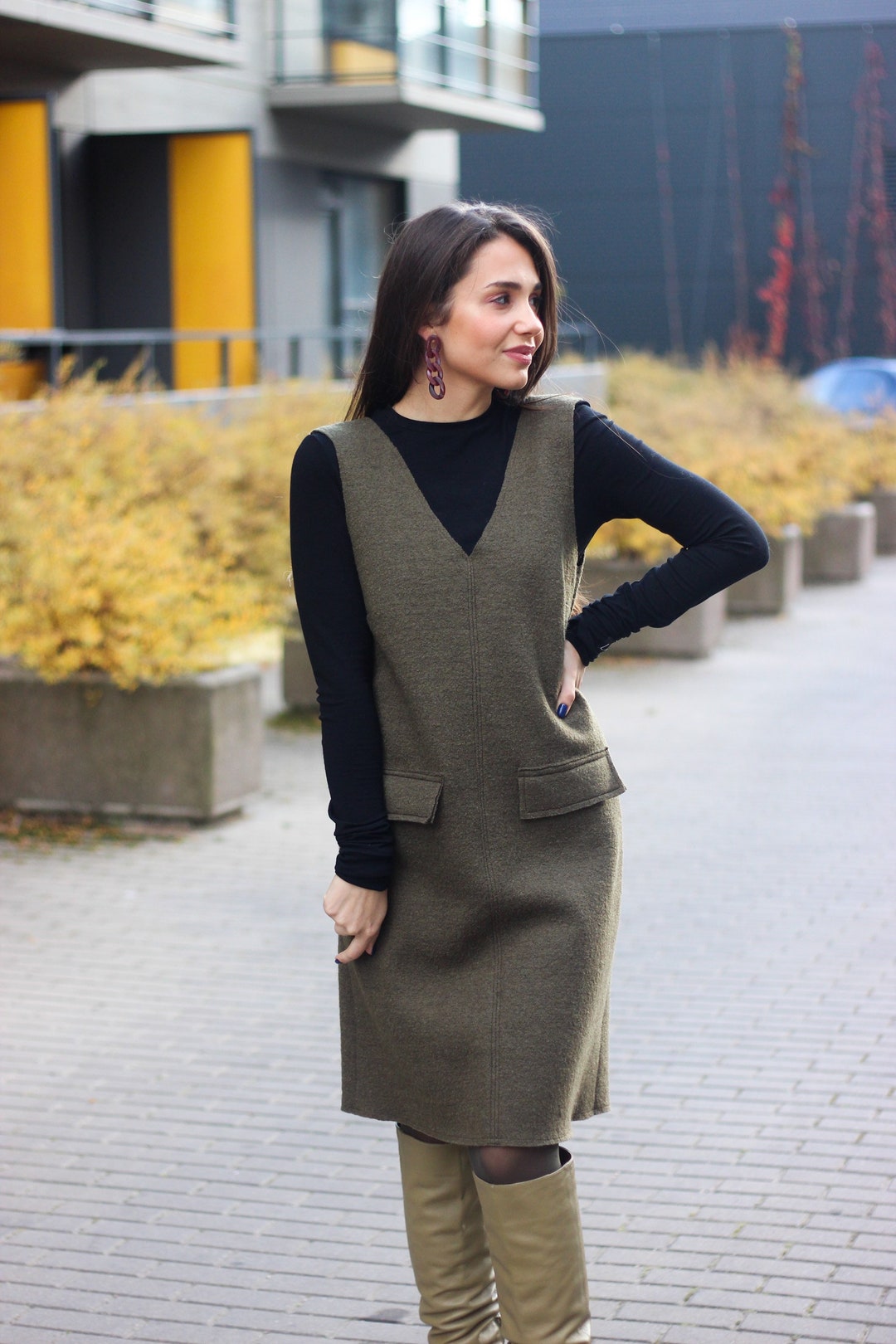 Winter Wool Dress, Boiled Wool, Green Dress, Sleeveless Dress, Shift ...