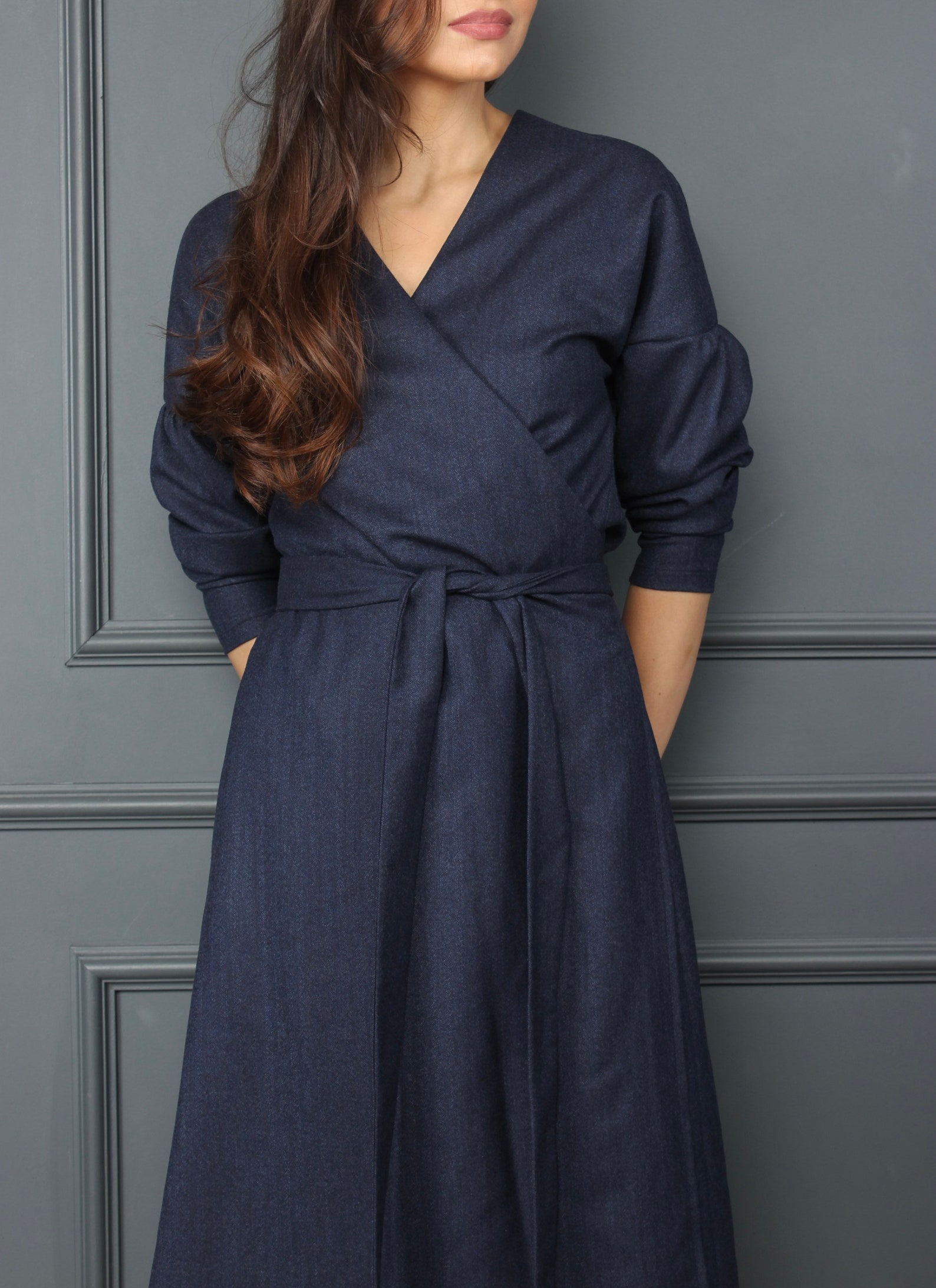 Wrap Blue Wool Dress, Long Puff Sleeve Dress, Midi Kimono Dress, Office ...