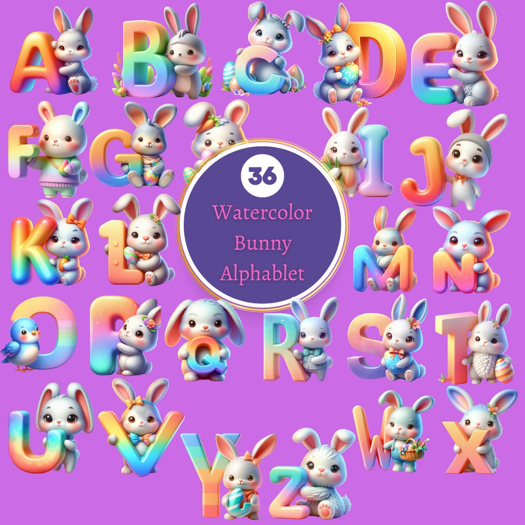 Watercolor Bunny Alphabet Letters 36 Clipart Transparent Designs ...