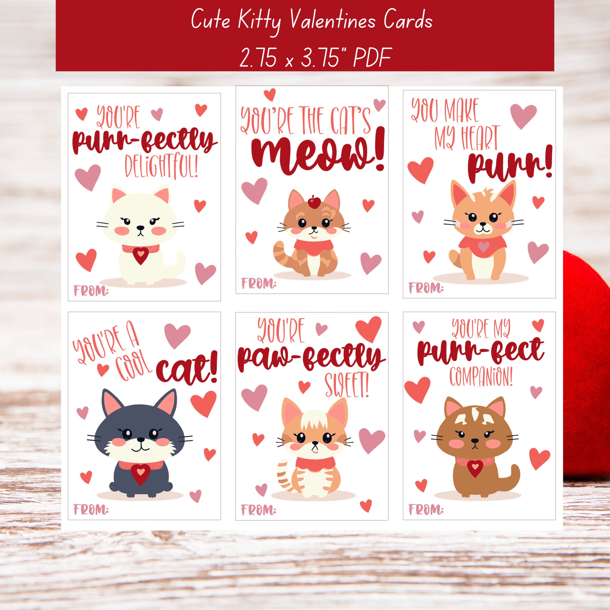 Printable Kitty Valentine Cards, Classroom Valentines Day Cards, Kids ...