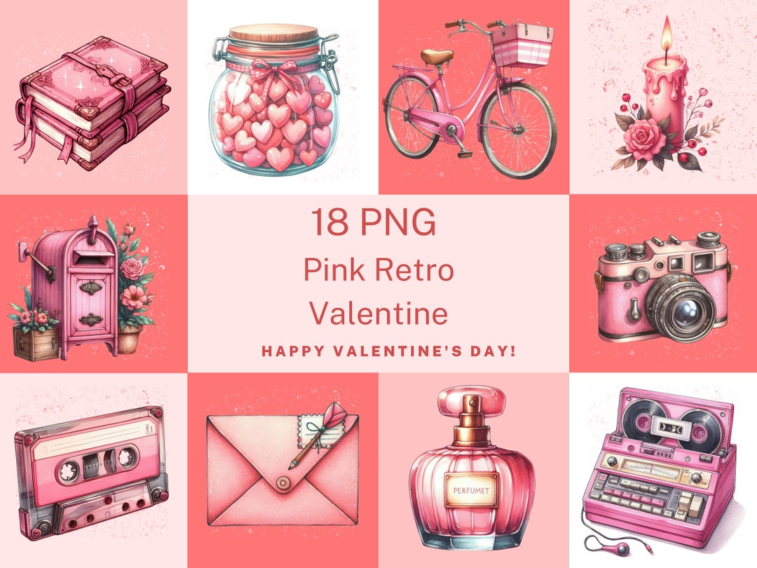 Pink Retro Valentines Day Clipart Bundle, Valentines Day Retro, Retro ...