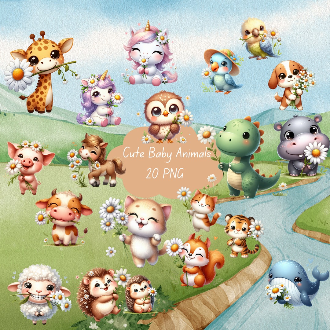 Cute Watercolor Baby Animals Clipart, Cute Animals Bundle, Hippopotamus ...
