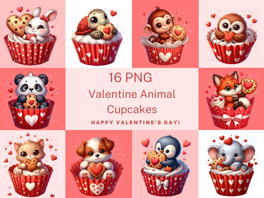Cute Valentines Day Clipart Bundle, Valentines Day Animals, Cupcake Png ...