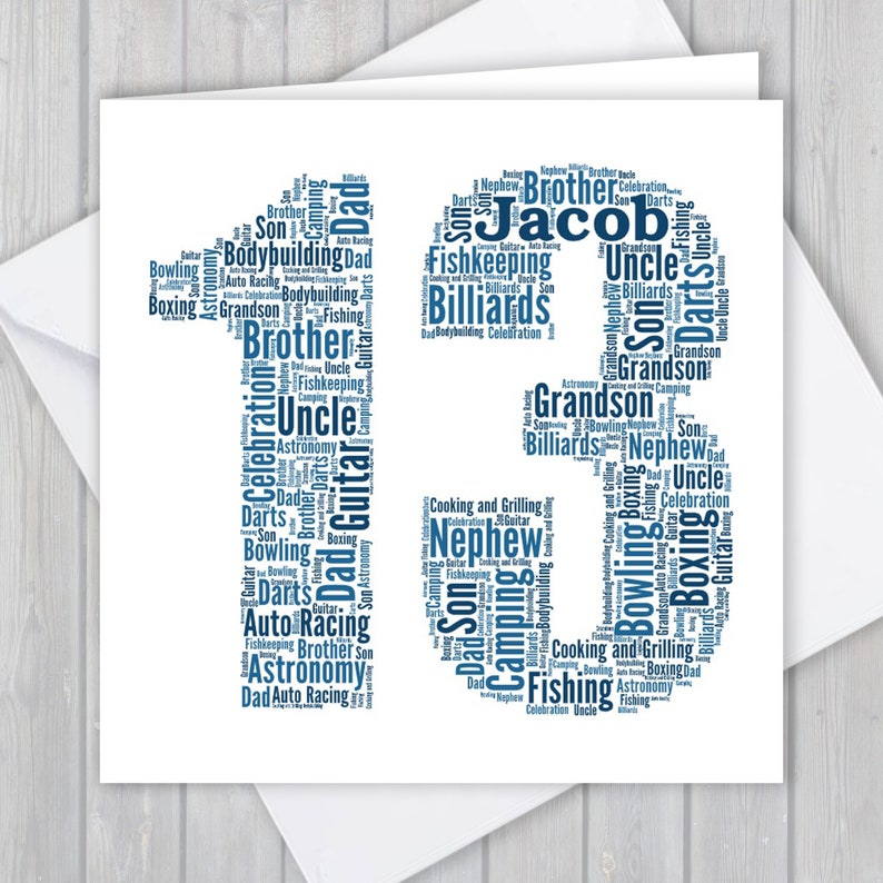 Personalized 13th Birthday Card Custom word art Unique | Etsy