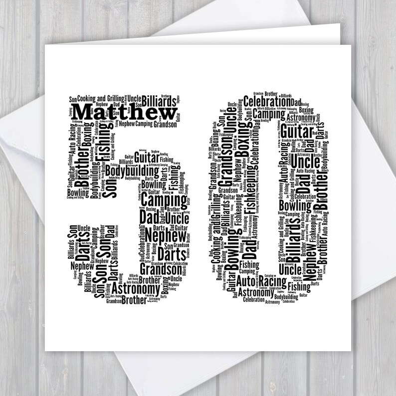 Personalized 50th Birthday Card Custom word art Unique | Etsy