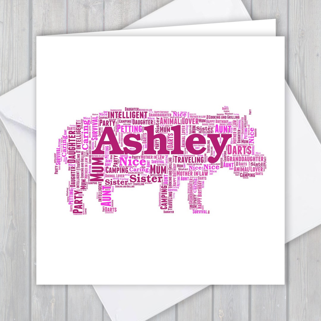 Personalized Hippo Word Art Greeting Card: Unique Keepsake Ani072 - Etsy