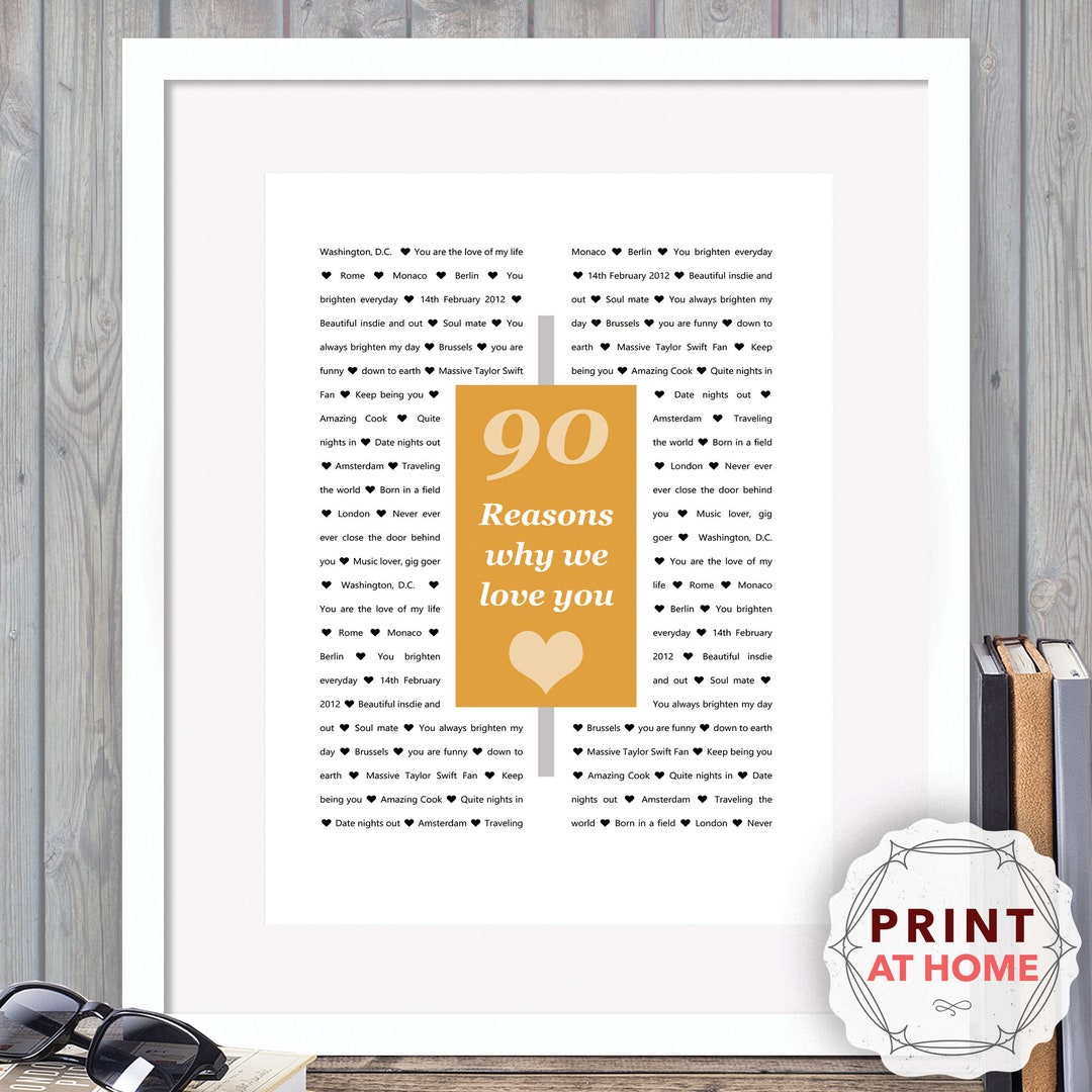 90 Reasons Why We Love You, 90th Birthday, Anniversary, Personalised ...
