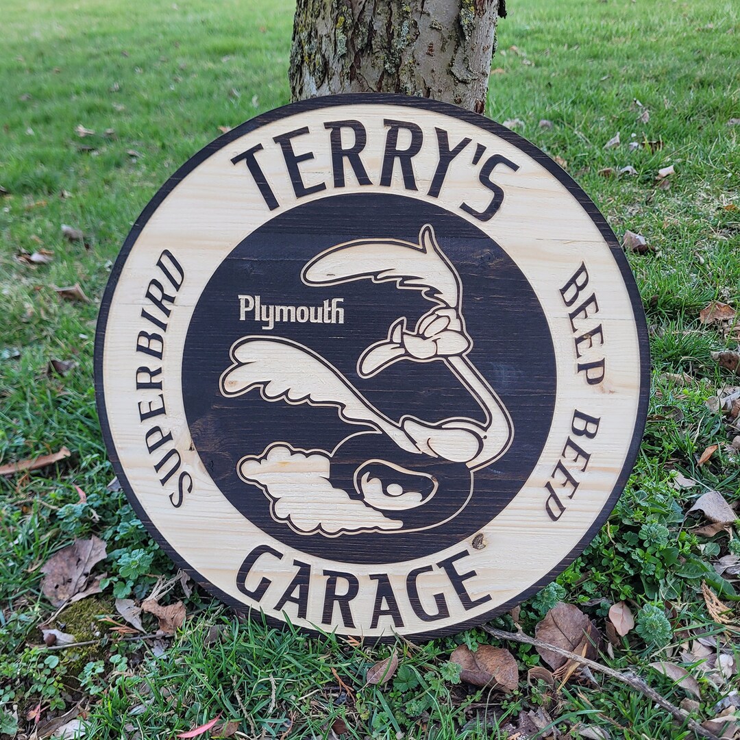 Personalized Garage Superbird Round Engraved Wood Sign, Garage Signs ...