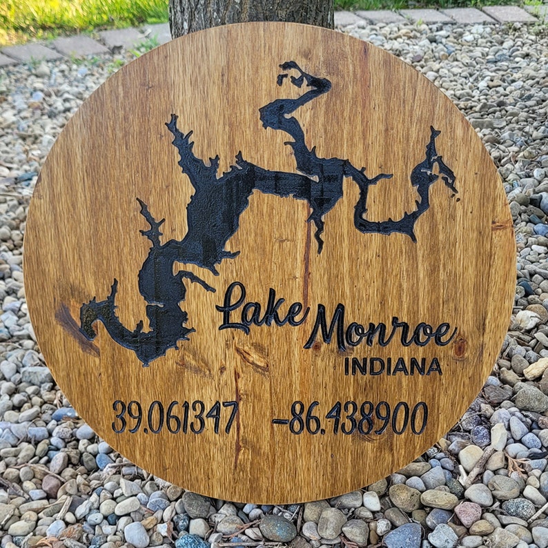 Lake Monroe Map Bloomington Indiana Full Color Engraved Wood Sign, Map ...