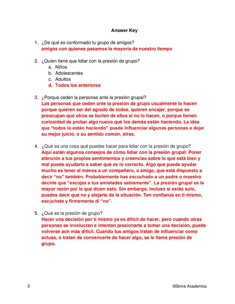 Peer Pressure Spanish Reading Comprehension Worksheet - Etsy