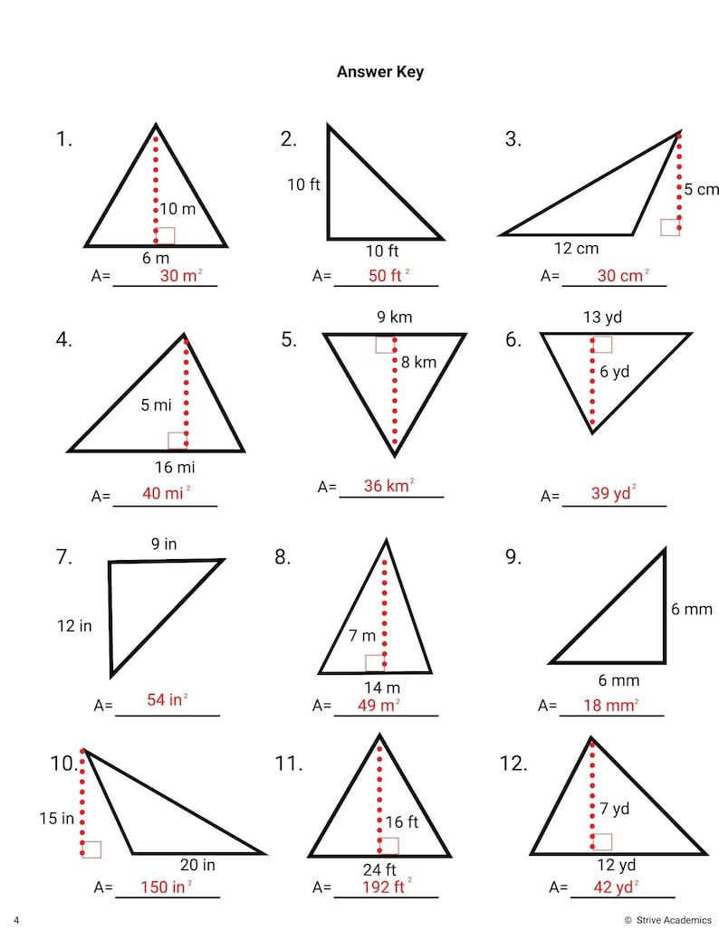 Area of Triangles Worksheet - Set #1 - Etsy