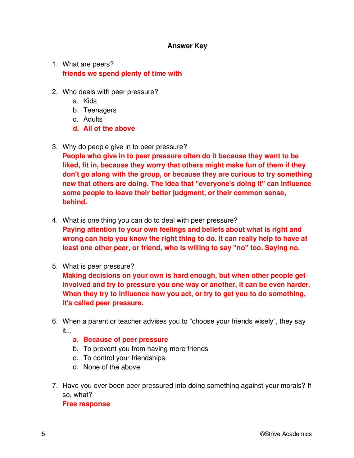 Peer Pressure English Reading Comprehension Worksheet - Etsy