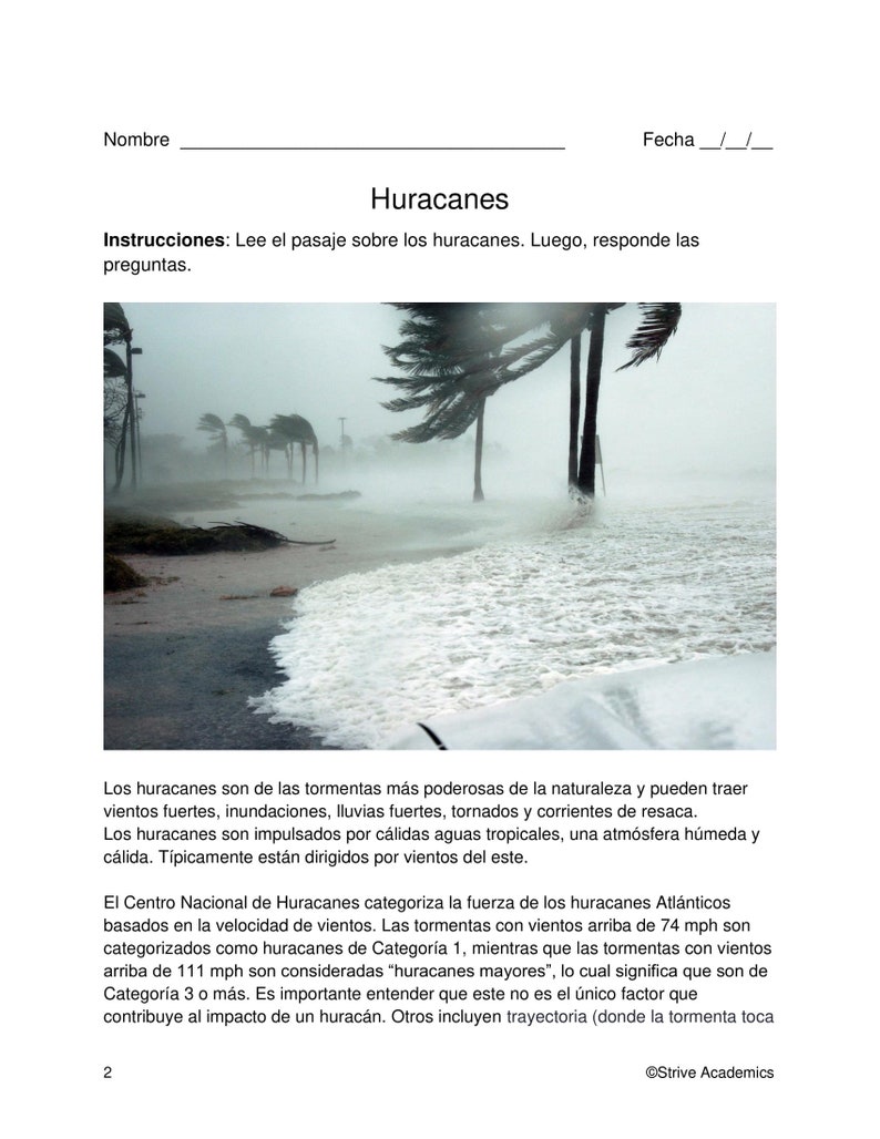 Hoja de trabajo de comprensión lectora en español sobre huracanes ...