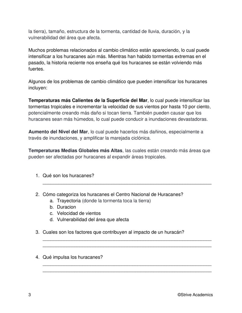 Hoja de trabajo de comprensión lectora en español sobre huracanes ...