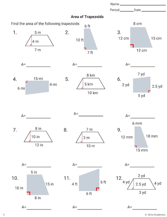 Area Of Trapezoids Worksheet Area Of A Trapezium