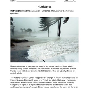 Hurricanes English Reading Comprehension Worksheet - Etsy
