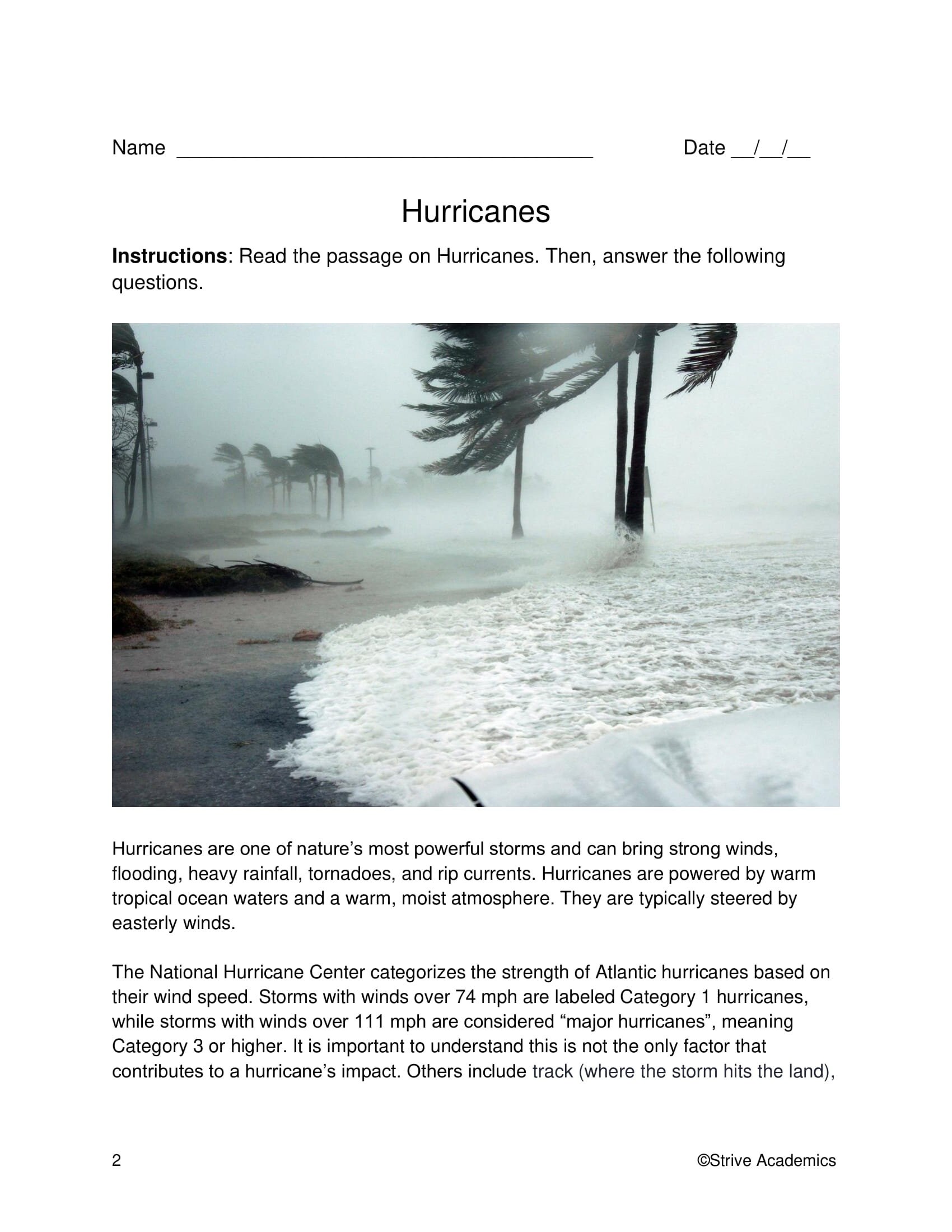 Hurricanes English Reading Comprehension Worksheet - Etsy