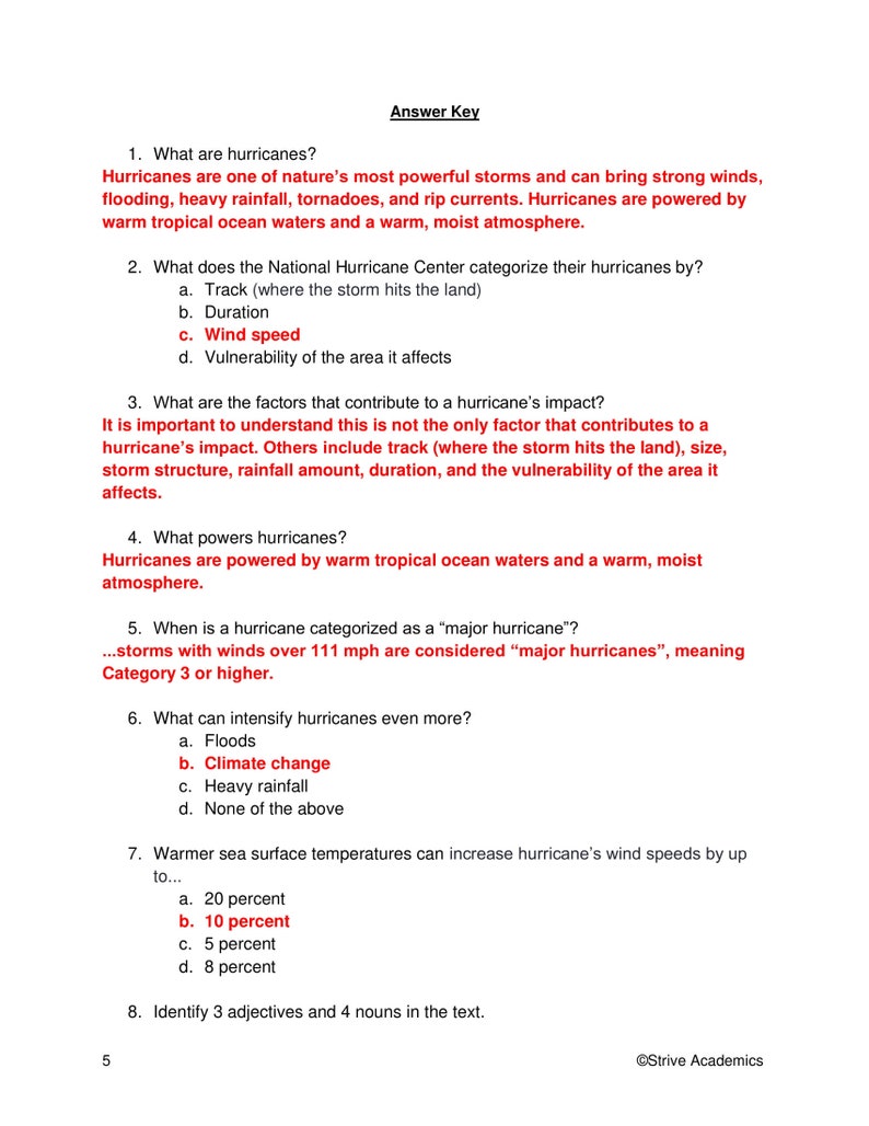 Hurricanes English Reading Comprehension Worksheet - Etsy