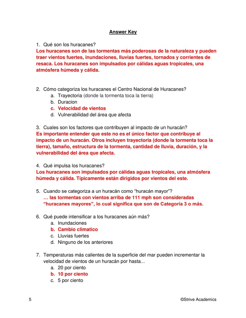 Hoja de trabajo de comprensión lectora en español sobre huracanes ...