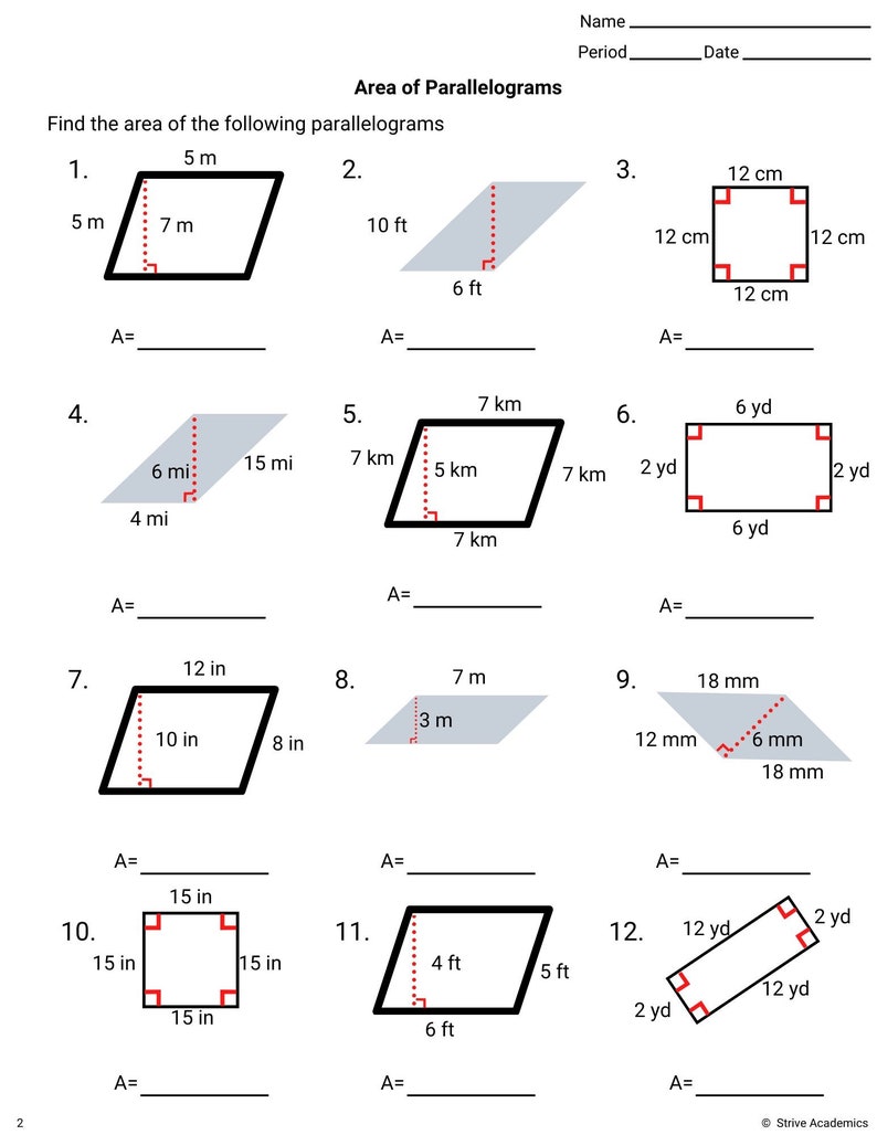 Area of Parallelograms Worksheet - Set #1 - Etsy
